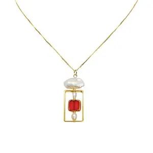 ARACHELI STUDIO Geometric Square And Pearl Chain Necklace - Red