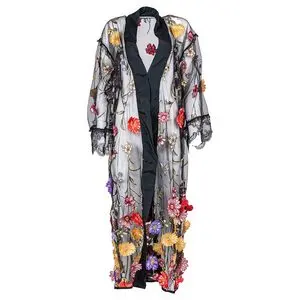 HARLOW LOVES DAISY Faith Long Robe With Cascading Flowers On Mesh With Silk - Black