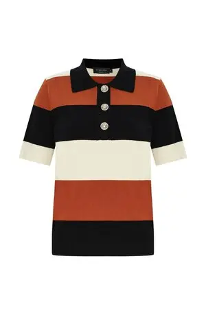 EXQUISE Regular Polo Collar Striped Knit Aidanne Blouse