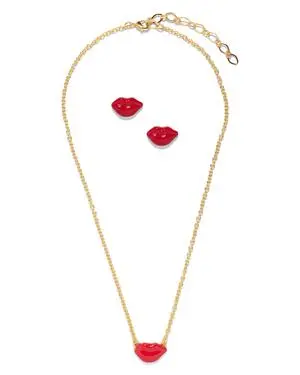 THE PINK REEF Kiss Kiss Lips Stud & Necklace Set - Red