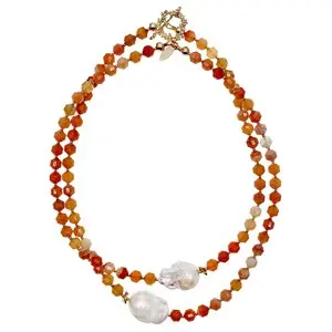 FARRA Agate And Baroque Pearl Double Strand Necklace - White/red