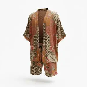 ORIGIN OF HEARTS Green / Red / Neutrals Marei Floral Resort Satin Kimono Set - Green/red