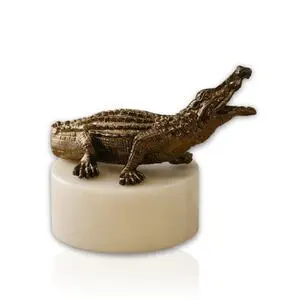 MARLETH Bronze Crocodile Decor, White Marble Base - Gold