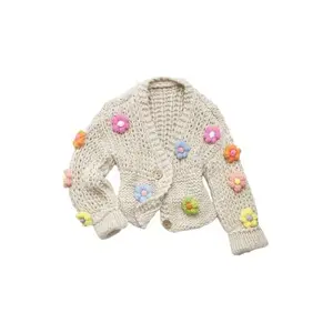 Saachi Floral Appliqué Chunky Knit Cardigan - Brown