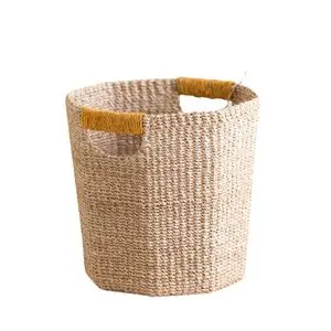 Likhâ Natural Octagon Basket With Mustard Handle Handwoven Bin - Orange