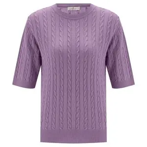 PERALUNA Nicole Cable Knit Cashmere Blend Short Sleeve Blouse - Purple