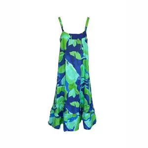 Haris Cotton Printed Midi Linen Dress With Ruffled Hem - Blue/green