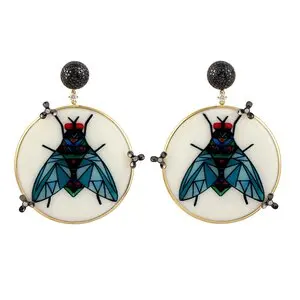 ARTISAN 18k Yellow Diamond And Enamel Fly Disc Earrings - Gold