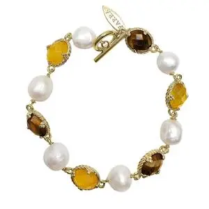 FARRA Yellow Quartz, Tiger Eye, And Pearl Bracelet - Brown