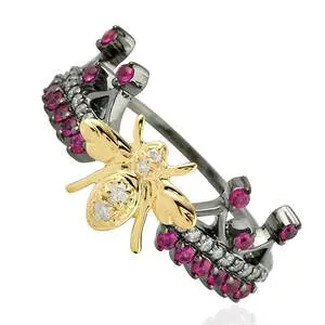 ARTISAN 18K Yellow Gold And Black Gold Bee Statement Ring With Ruby And Diamond Accents Red/gold