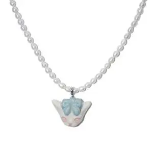 H2 STUDIO Angry Puss Light Jade Bow Tie Pearl Necklace Blue