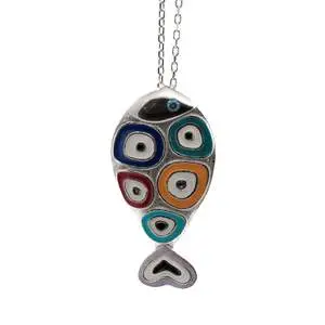 EBRU JEWELRY Enamel Fish Evil Eye Pendant Necklace - Silver