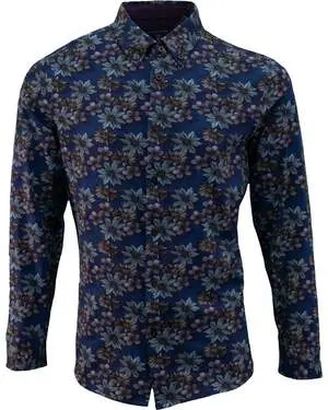LORDS OF HARLECH Sawyer Italian Floral Knit Shirt Navy - Blue
