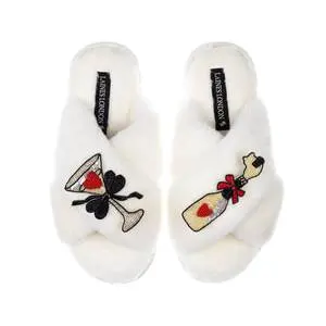 LAINES LONDON Classic Slippers With Champagne Brooches - White