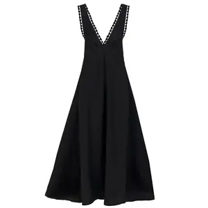 LANGNER Embroidered Lace Linen Maxi Dress - Black