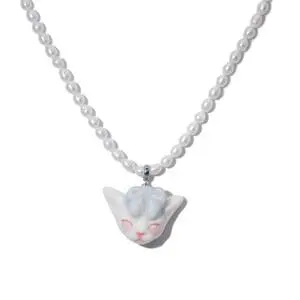 H2 STUDIO H2 Studio Freshwater Pearl Necklace With Porcelain Cat Pendant White/blue