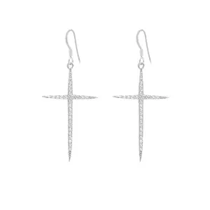 SEVEN SAINTS Delicate Pave Cross White Topaz Earrings - Silver