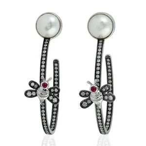 ARTISAN Pearl, Ruby & Diamond Bee Drop Earrings In 18k Oxidized Gold - White