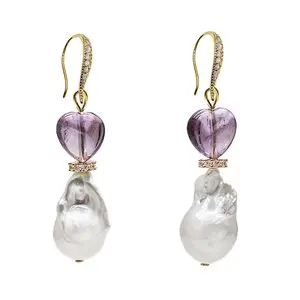 FARRA Baroque Pearl Heart Amethyst Dangle Earrings - White