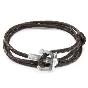 ANCHOR & CREW Braided Leather Bracelet With Sterling Silver Anchor - Brown/silver