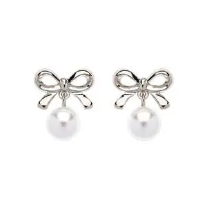 EMMA HOLLAND JEWELLERY Bow & Pearl Drop Earrings - White/silver