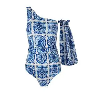 NUR KARAATA One-shoulder Swimsuit With Belt - Blue