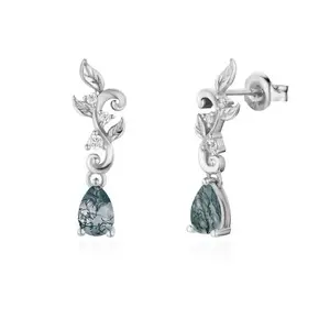 AZURA JEWELRY NEW YORK Leafy Cascades Moss Agate Earrings - Silver