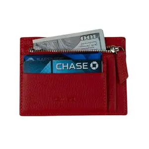 LEATHERE Vibrant Leather Card Holder With Zipper Pocket Concord - Red