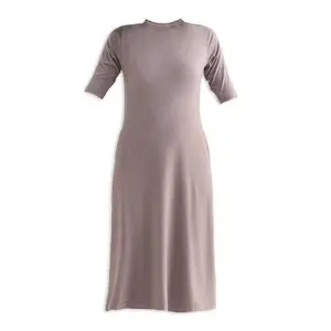 REISTOR High Crew Neck Elbow Sleeve Fitted Midi Dress - Brown