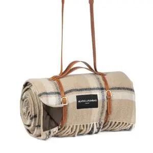 HEATING & PLUMBING LONDON Neutrals Pure New Wool Picnic Blanket Checkmate Latte Tan Leather Strap - Black/brown