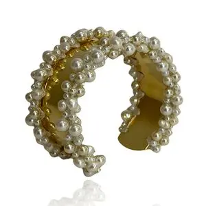 PINAR OZEVLAT Gold Plated Brass Cuff Bangle With Clustered Pearls - Gold/white