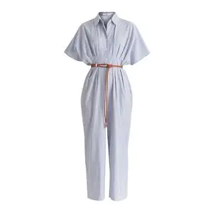PAISIE Striped Cotton Jumpsuit With Belt - Blue/white