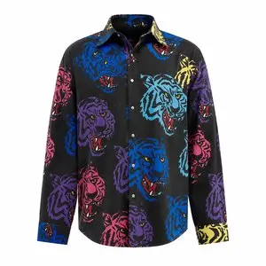 MYSIMPLICATED Long Sleeve Shirt In Dark Grey With Tigers Design Recycled Fabric - Blue/grey