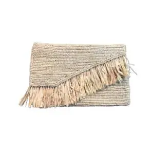 ZANATANY CONCEPTS Frousse Raffia Pouch With Fringe Detail - Beige