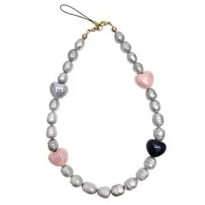 FARRA Freshwater Pearls With Pink Ceramic Hearts Phone Strap - Grey