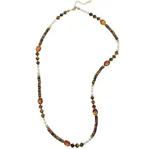 FARRA Tiger Eye And Freshwater Pearls Long Necklace - Brown