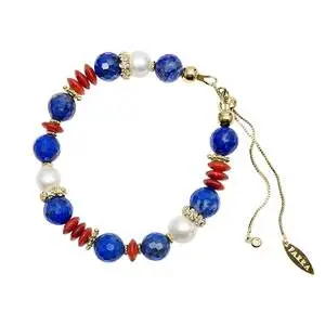 FARRA Lapis, Bamboo Coral And Pearl Adjustable Slider Bracelet - Blue