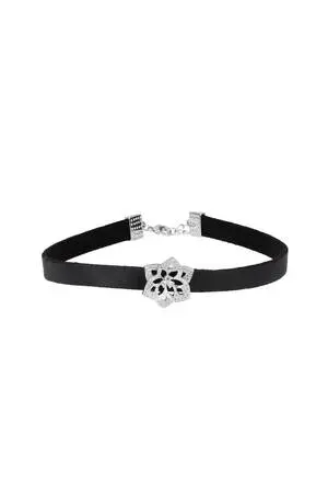 Saachi Crystal Flower Leather Choker - Black