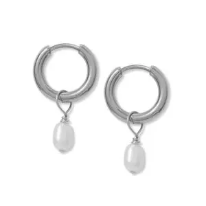 A WEATHERED PENNY Silver Tone Hoop Earrings With Pearl - Silver/white