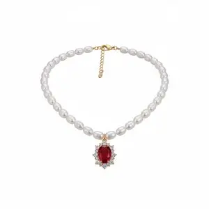 ANGEL BAROCCO Seeds Pearl Choker Necklace With Crystal Pendant - Red