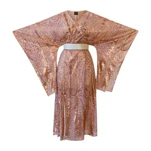 BYVINNIK Sequin Kimono Robe - Gold/pink