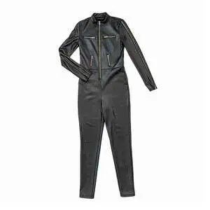 CIRCULAR PATH Vegan Leather Zipper Jumpsuit - Black