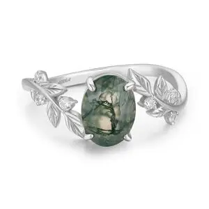 AZURA JEWELRY NEW YORK Oval Moss Agate Ring In White Gold - Silver