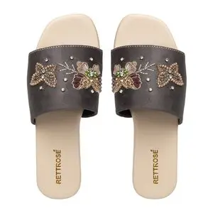 RETTROSE Diamanté Embellished Sliders - Grey