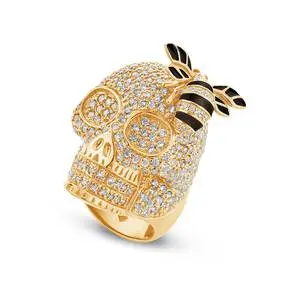 SALLY SKOUFIS Queen Bee Skull Ring With Cz Diamonds And Enamel In 18k Gold Vermeil - Black/white/gold