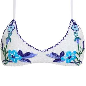 SELF-ADORE Hand-beaded Embellished Bikini Top - Blue/white