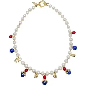 FARRA Freshwater Pearl, Lapis Lazuli, And Red Coral Pendant Necklace - Blue/white/red