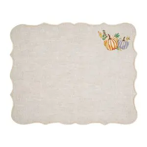 KM HOME COLLECTION Neutrals Set Of Two Pumpkin Embroidery Halloween Linen Placemat - Orange