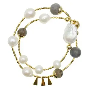FARRA Freshwater Pearls And Labradorite Double Wrapped Bracelet - Black