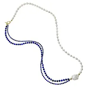 FARRA Round Lapis And Freshwater Pearls Necklace - Yellow